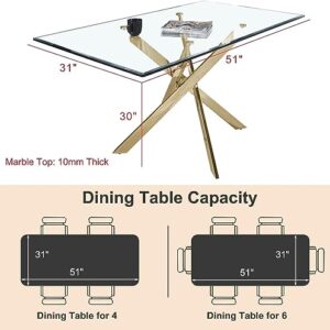 Goderfuu 51 inch Glass Dining Table Set for 4, Modern Dining Room Table with Gold Stainless Steel Base, Contemporary Tempered Glass Rectangle Dining Table, Kitchen Dining Room Tables Dinner Table