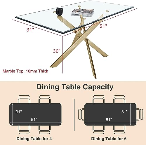 Goderfuu 51 inch Glass Dining Table Set for 4, Modern Dining Room Table with Gold Stainless Steel Base, Contemporary Tempered Glass Rectangle Dining Table, Kitchen Dining Room Tables Dinner Table