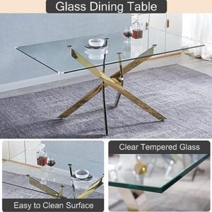 Goderfuu 51 inch Glass Dining Table Set for 4, Modern Dining Room Table with Gold Stainless Steel Base, Contemporary Tempered Glass Rectangle Dining Table, Kitchen Dining Room Tables Dinner Table