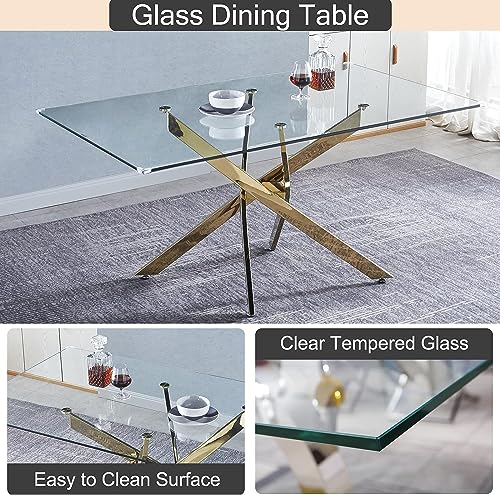 Goderfuu 51 inch Glass Dining Table Set for 4, Modern Dining Room Table with Gold Stainless Steel Base, Contemporary Tempered Glass Rectangle Dining Table, Kitchen Dining Room Tables Dinner Table