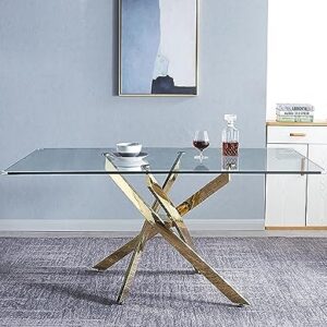 Goderfuu 51 inch Glass Dining Table Set for 4, Modern Dining Room Table with Gold Stainless Steel Base, Contemporary Tempered Glass Rectangle Dining Table, Kitchen Dining Room Tables Dinner Table