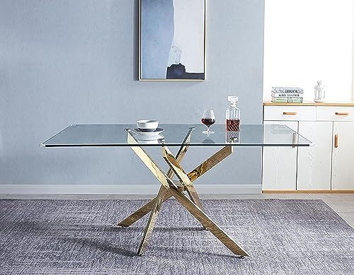 Goderfuu 51 inch Glass Dining Table Set for 4, Modern Dining Room Table with Gold Stainless Steel Base, Contemporary Tempered Glass Rectangle Dining Table, Kitchen Dining Room Tables Dinner Table