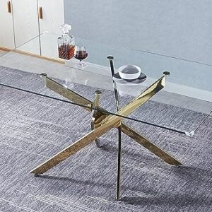 Goderfuu 51 inch Glass Dining Table Set for 4, Modern Dining Room Table with Gold Stainless Steel Base, Contemporary Tempered Glass Rectangle Dining Table, Kitchen Dining Room Tables Dinner Table