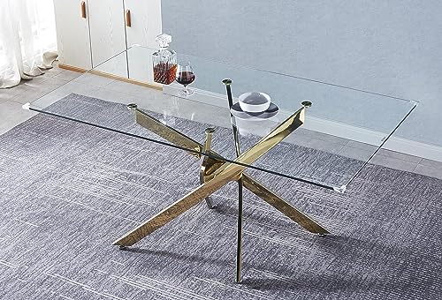 Goderfuu 51 inch Glass Dining Table Set for 4, Modern Dining Room Table with Gold Stainless Steel Base, Contemporary Tempered Glass Rectangle Dining Table, Kitchen Dining Room Tables Dinner Table