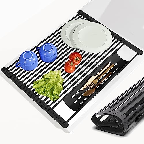 BELLE TERRE Roll-Up Dish Drying Rack & Swedish Dish Cloth Set - Space-Saving Sink Rack (20.5" x 15.5") with Utensil Tray & Reusable Absorbent Cloths - Solid Steel Construction & Cellulose Material