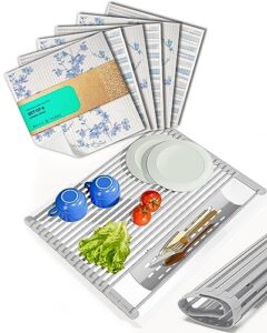 belle terre roll-up dish drying rack & swedish dish cloth set - space-saving sink rack (20.5" x 15.5") with utensil tray & reusable absorbent cloths - solid steel construction & cellulose material