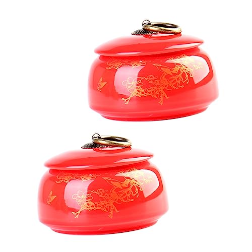 Cabilock 2pcs Sealed jar ceramic teapot tea containers dry food canister sealed nuts container porcelain candy canister Red Tea Canister Sealing Canister Tea Leaf Storage small