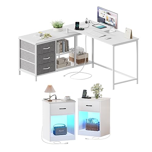 SUPERJARE L Shaped Desk with Power Outlets, Computer Desk with Drawers & Shelves and Nightstands Set of 2, Night Stands with Charging Station & LED Light Strips, White