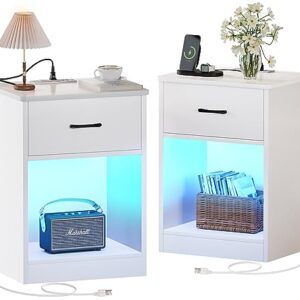 SUPERJARE L Shaped Desk with Power Outlets, Computer Desk with Drawers & Shelves and Nightstands Set of 2, Night Stands with Charging Station & LED Light Strips, White