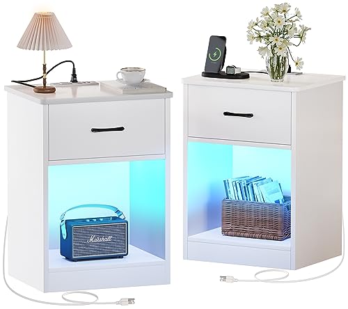 SUPERJARE L Shaped Desk with Power Outlets, Computer Desk with Drawers & Shelves and Nightstands Set of 2, Night Stands with Charging Station & LED Light Strips, White