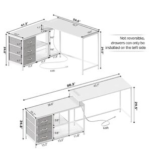 SUPERJARE L Shaped Desk with Power Outlets, Computer Desk with Drawers & Shelves and Nightstands Set of 2, Night Stands with Charging Station & LED Light Strips, White