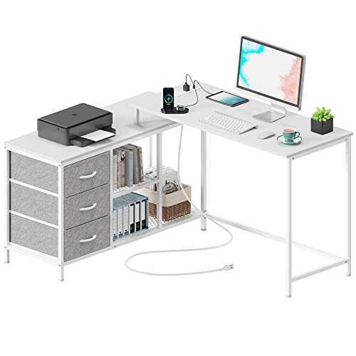 SUPERJARE L Shaped Desk with Power Outlets, Computer Desk with Drawers & Shelves and Nightstands Set of 2, Night Stands with Charging Station & LED Light Strips, White