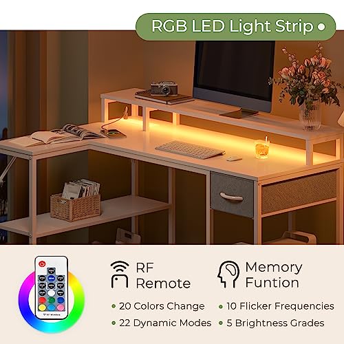 SUPERJARE L Shaped Gaming Desk with LED Lights & Power Outlets, Reversible Computer Desk and Nightstands Set of 2 with Charging Station & LED Light Strips, White