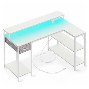 SUPERJARE L Shaped Gaming Desk with LED Lights & Power Outlets, Reversible Computer Desk and Nightstands Set of 2 with Charging Station & LED Light Strips, White