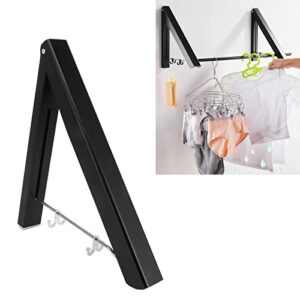 Folding Clothes Drying Rack, Retractable Clothes Hanger Rack Reinforced Aluminium Easy Installation Wall Mounted with Removable Hooks for Tile (Black)