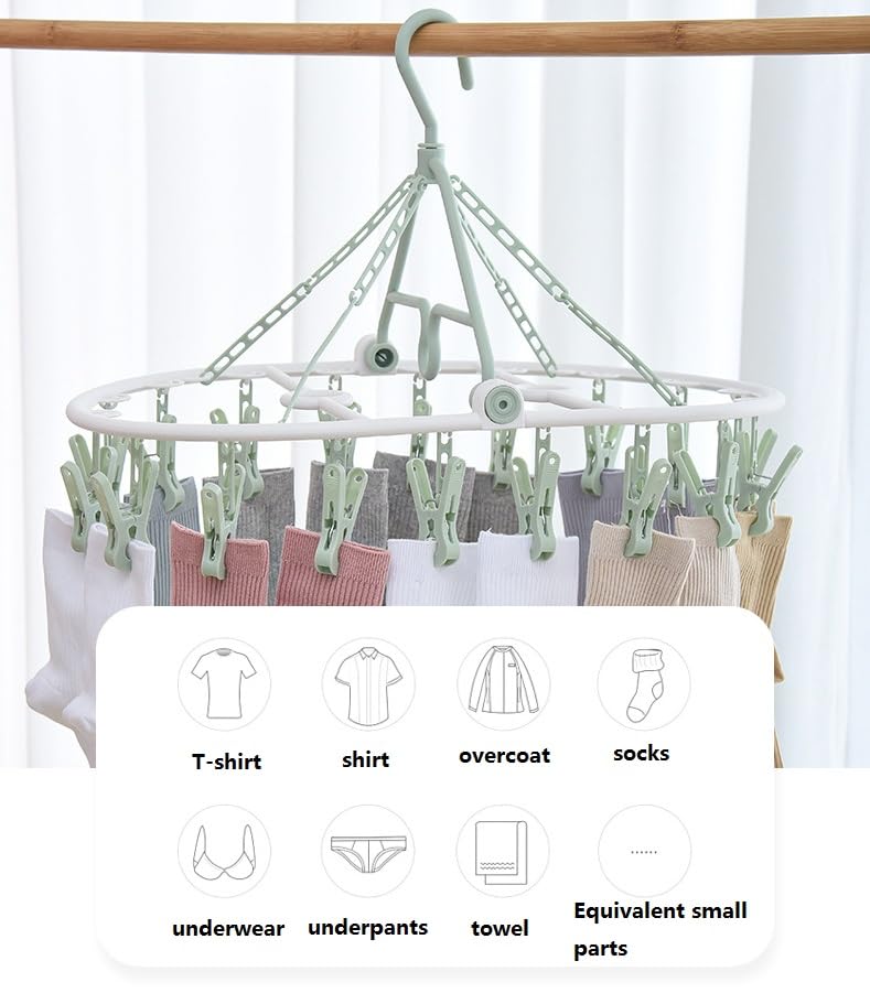 Hanging Drying Rack, Folding Laundry Rack, Plastic Laundry Clips with 18 Clips and Drip Dryer for Socks, Underwear, Towels, Bras, Scarves and Baby Clothes with Foldable Clips.