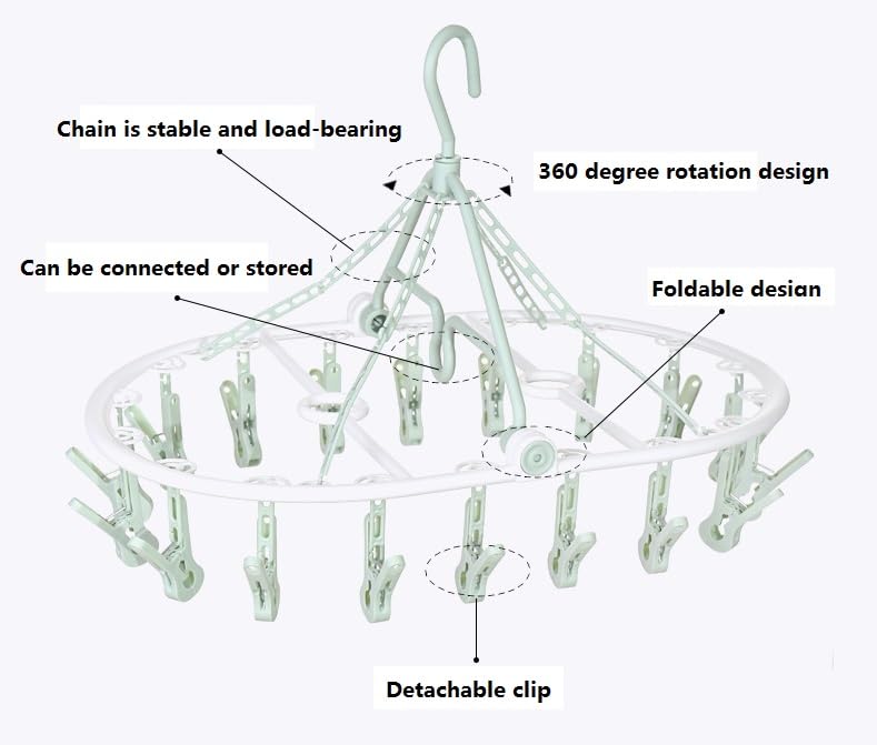 Hanging Drying Rack, Folding Laundry Rack, Plastic Laundry Clips with 18 Clips and Drip Dryer for Socks, Underwear, Towels, Bras, Scarves and Baby Clothes with Foldable Clips.