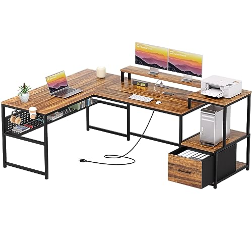 GreenForest Folding Desk No Assembly Required and L Shaped Desk with Drawers, 69 inch Corner Compuer Desk