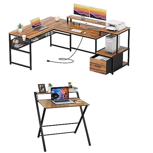 GreenForest Folding Desk No Assembly Required and L Shaped Desk with Drawers, 69 inch Corner Compuer Desk