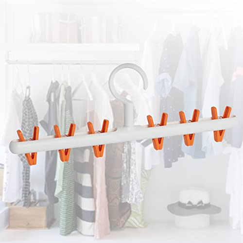 TREETDOBV Clothes Hanger with 6Clips Clothes Drying Racks Windproof Plastic Sock Clips Drying Rack,Prevent Tangle 360 Degree Rotatable Multifunctional Laundry Hanger for Home(White and Orange)