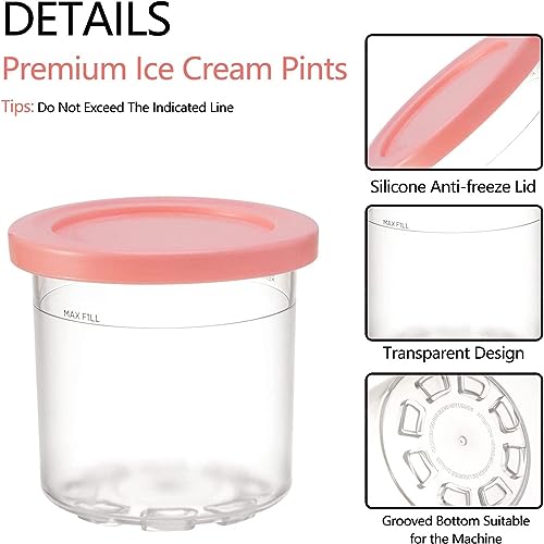 EVANEM 2/4/6PCS Creami Deluxe Pints, for Ninja Creami Ice Cream Maker Pints,16 OZ Pint Ice Cream Containers Safe and Leak Proof for NC301 NC300 NC299AM Series Ice Cream Maker,Pink-4PCS