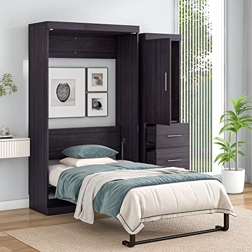 PQXM Multifunctional Full Size Murphy Bed with Wardrobe and 3 Drawers, Solid Wood Storage Bed Folds into a Cabinet, Great for Small Space Apartments Studio Guest Rooms