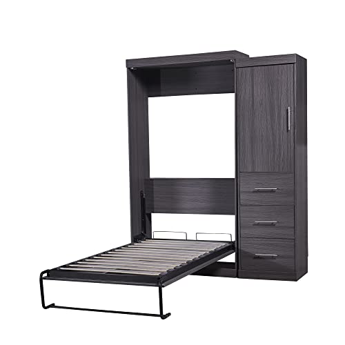 PQXM Multifunctional Full Size Murphy Bed with Wardrobe and 3 Drawers, Solid Wood Storage Bed Folds into a Cabinet, Great for Small Space Apartments Studio Guest Rooms