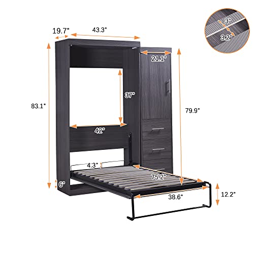 PQXM Multifunctional Full Size Murphy Bed with Wardrobe and 3 Drawers, Solid Wood Storage Bed Folds into a Cabinet, Great for Small Space Apartments Studio Guest Rooms