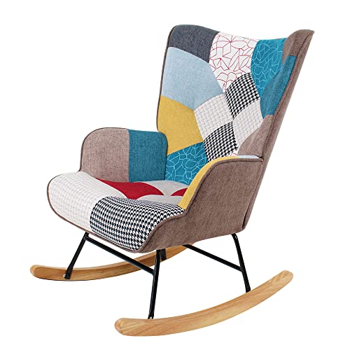 AISEER Rocking Chair, Mid Century Fabric Rocker Chair with Wood Legs and Patchwork Linen for Livingroom Bedroom