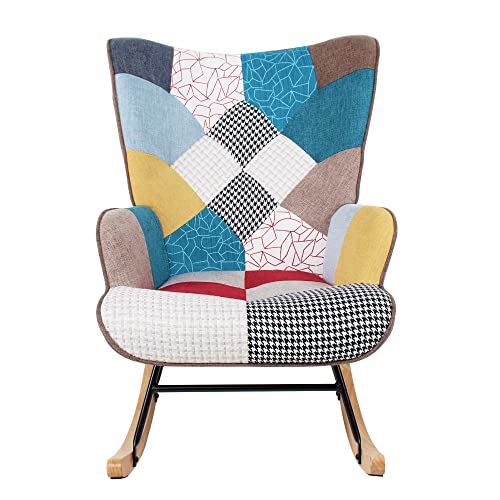 AISEER Rocking Chair, Mid Century Fabric Rocker Chair with Wood Legs and Patchwork Linen for Livingroom Bedroom