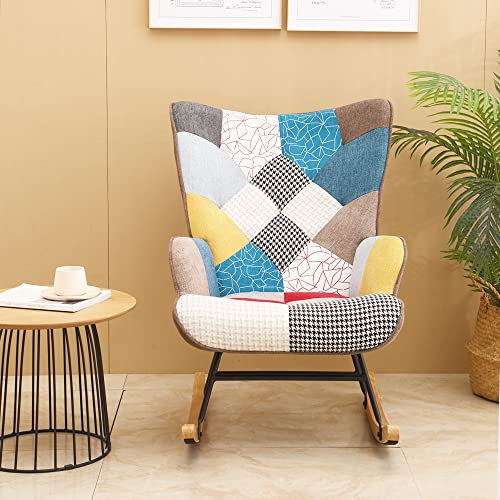 AISEER Rocking Chair, Mid Century Fabric Rocker Chair with Wood Legs and Patchwork Linen for Livingroom Bedroom