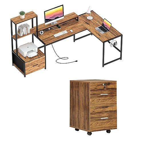 GreenForest L Shaped Desk with Drawers and Printer Stand and File Cabinet 2 Drawers,Walnut