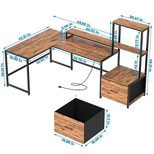 GreenForest L Shaped Desk with Drawers and Printer Stand and File Cabinet 2 Drawers,Walnut