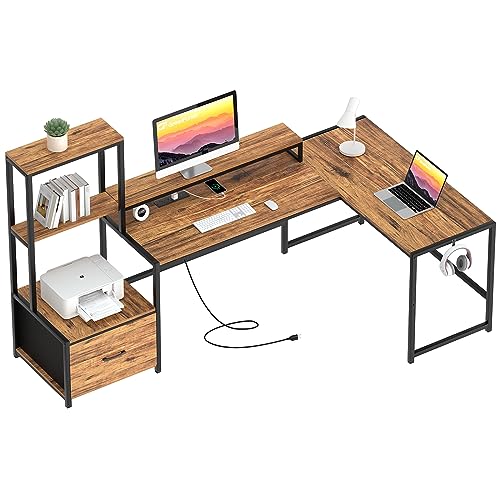 GreenForest L Shaped Desk with Drawers and Printer Stand and File Cabinet 2 Drawers,Walnut