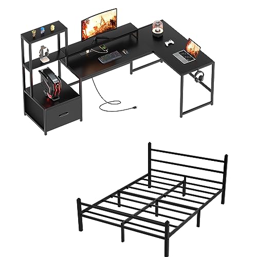 GreenForest 70 in L Shaped Desk with Drawers and Printer Stand and Full Size Bed Frame with Headboard Easy Assemble