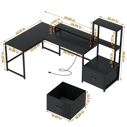 GreenForest 70 in L Shaped Desk with Drawers and Printer Stand and Full Size Bed Frame with Headboard Easy Assemble