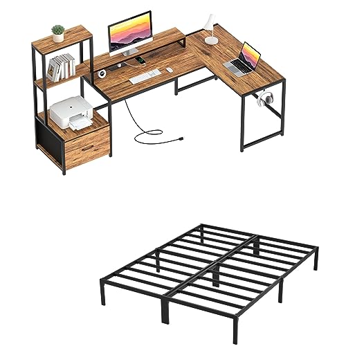 GreenForest70 in L Shaped Desk with Drawers and Printer Stand and Full Size Bed Frame Easy Quick Assembly