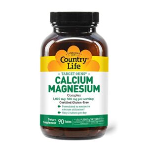 country life target-mins calcium magnesium complex 1000mg/500mg, 90 tablets, certified gluten free, certified vegan, certified non-gmo verified