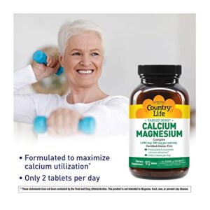 Country Life Target-Mins Calcium Magnesium Complex 1000mg/500mg, 90 Tablets, Certified Gluten Free, Certified Vegan, Certified Non-GMO Verified