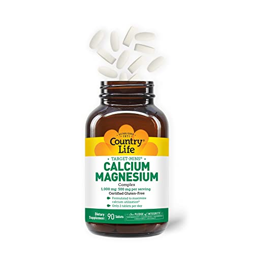 Country Life Target-Mins Calcium Magnesium Complex 1000mg/500mg, 90 Tablets, Certified Gluten Free, Certified Vegan, Certified Non-GMO Verified