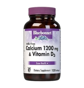 bluebonnet nutrition milk-free calcium 1,200 mg plus vitamin d3 400 iu - high potency, maximum absorption strong healthy bones & immune health support supplement, gluten-free, dairy-free, 120 softgels