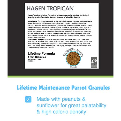 HARI Tropican Bird Food, Hagen Parrot Food with Peanuts & Sunflower Seeds, Maintenance Parrot Granules, Lifetime Formula, 1.8 lb Bag