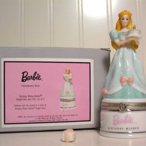 Barbie Birthday Wishes Blue with Present Trinket Porcelain Hinged Box Trinket Box