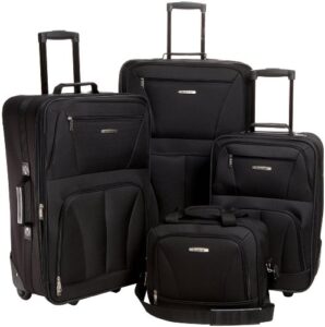 rockland journey softside upright luggage set,expandable, lightweight, black, 4-piece (14/19/24/28)