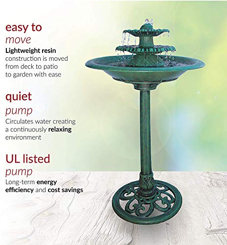 Alpine Corporation 35" Tall Outdoor 3-Tiered Pedestal Water Fountain and Birdbath, Green