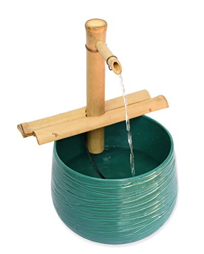 Bamboo Accents Water Fountain with Pump for Patio, Indoor/Outdoor, Adjustable 12-Inch Half-Round Flat Base, Split-Resistant Bamboo