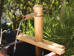 bamboo accents water fountain with pump for patio, indoor/outdoor, adjustable 12-inch half-round flat base, split-resistant bamboo