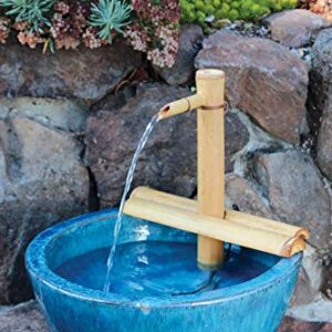 Bamboo Accents Water Fountain with Pump for Patio, Indoor/Outdoor, Adjustable 12-Inch Half-Round Flat Base, Split-Resistant Bamboo