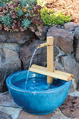 Bamboo Accents Water Fountain with Pump for Patio, Indoor/Outdoor, Adjustable 12-Inch Half-Round Flat Base, Split-Resistant Bamboo