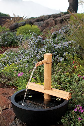 Bamboo Accents Water Fountain with Pump for Patio, Indoor/Outdoor, Adjustable 12-Inch Half-Round Flat Base, Split-Resistant Bamboo